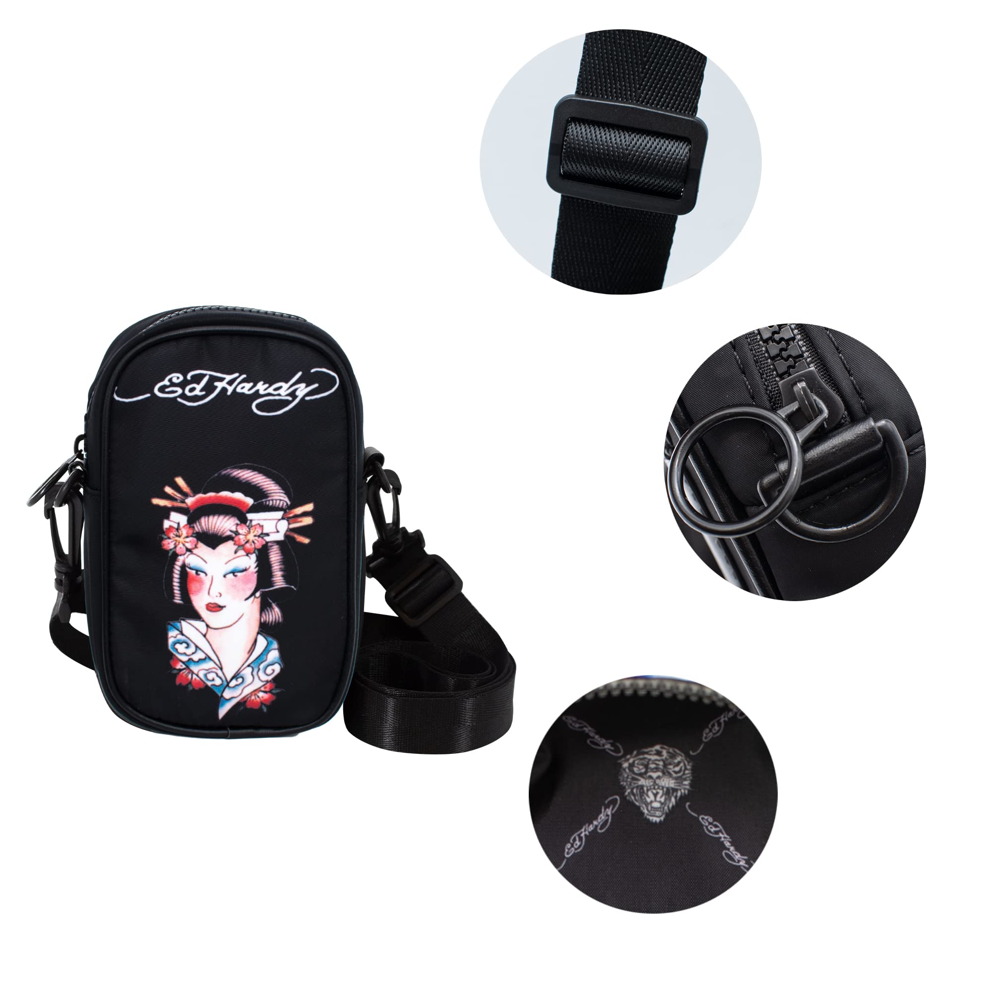 ED HARDY Unisex Black/Black Geisha Tatoo Print Nylon Phone Crossbody Bag With Adjustable Shoulder Strap