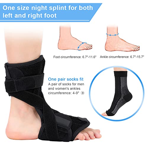 Plantar Fasciitis Support Brace, Night Splint and Compression Socks Kit Orthotics Drop Foot Brace Day and Night with Stretching Straps for Pain Relief