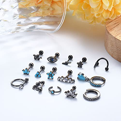 Drperfect Cartilage Earring Set Spiral Curved Flower Snake Cuff Dangle Chain Turquoise Stud Hoop Cartilage Helix Conch Piercing Jewelry