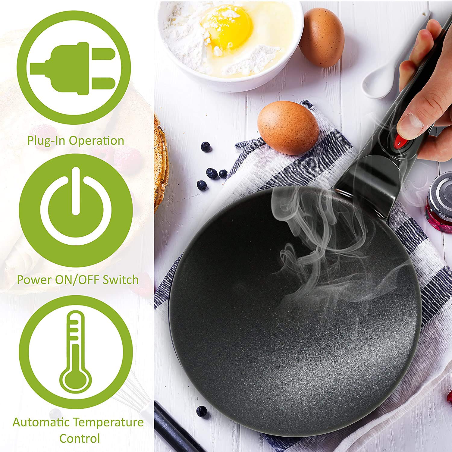 Electric Crepe Maker - Cooks Roti, Tortillas & Pancakes - Nonstick Cooktop - 8-inch Cook Area w/On/Off Switch, Automatic Temperature Control & Cool Touch Handle - Includes Food Bowl, Whisk & Spatula
