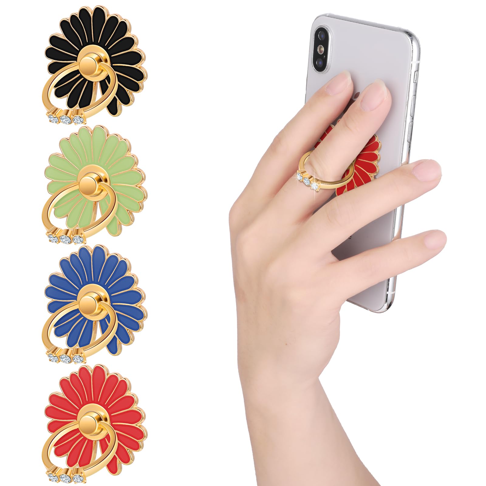 cobee Cell Phone Ring Holders, 4 Pcs Cute Daisy Finger Kickstands Metal Round 180°/360° Rotation Hand Grip with Knob Loop Phone Ring Grips Compatible with Most Smartphones, Tablets (Style-B)