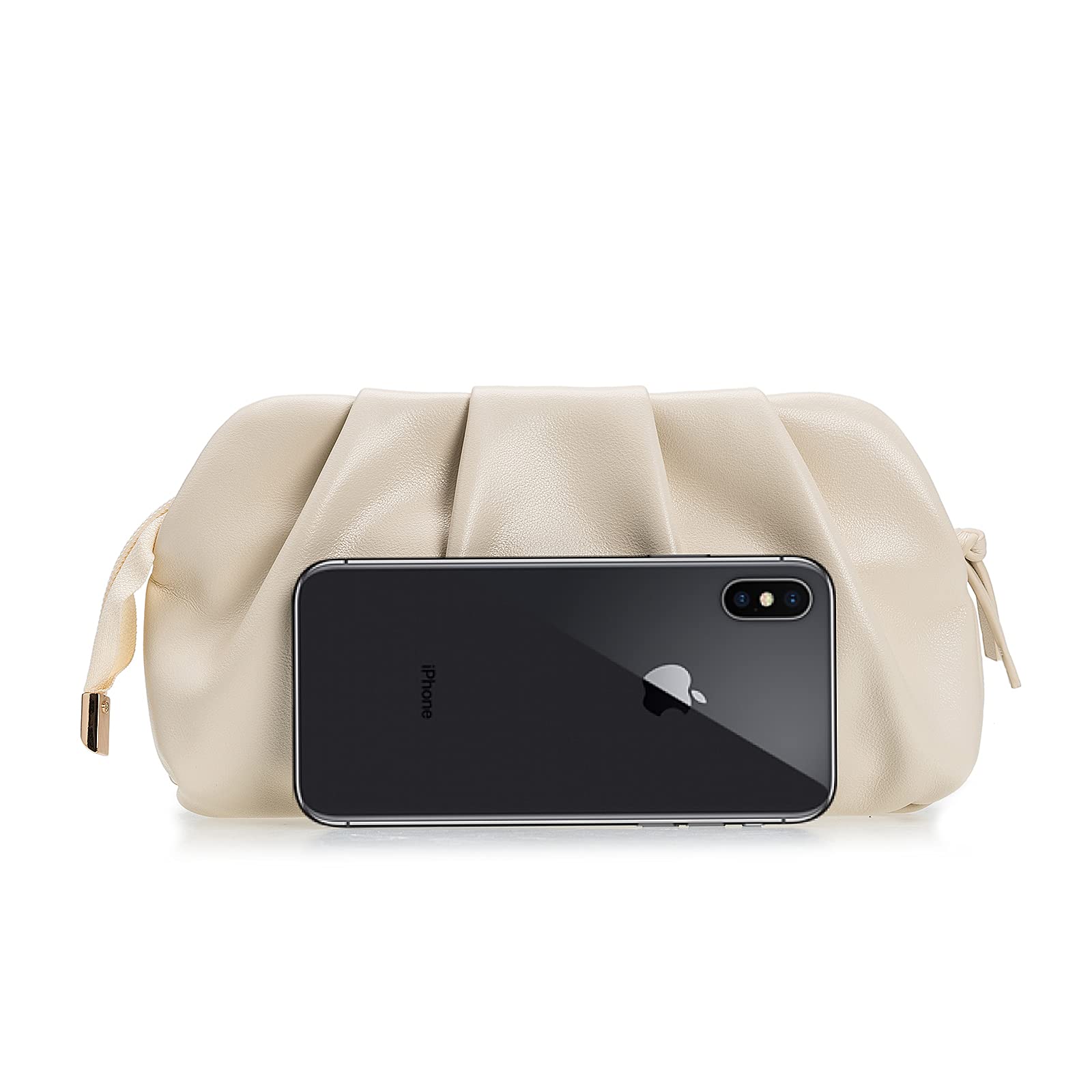 CHARMING TAILOR Chic Soft Vegan Leather Clutch Bag Dressy Pleated PU Evening Purse for Women (Off White)