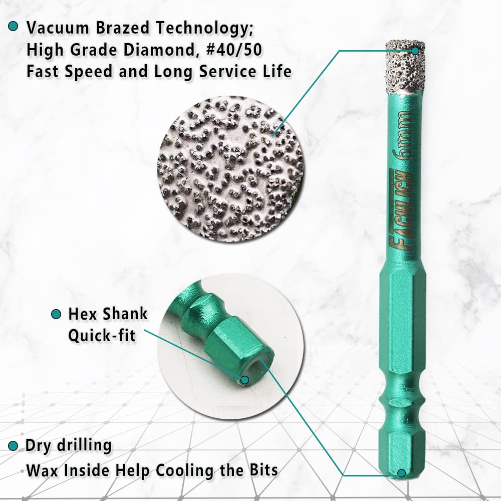 FACHLICH Porcelain Tile Drill Bits 1/4" Granite Drill Bits 10pcs 6mm Diamond Drill Bits Set with Quick Change Hex Shank for Granite Marble Tile Porcelain Ceramic