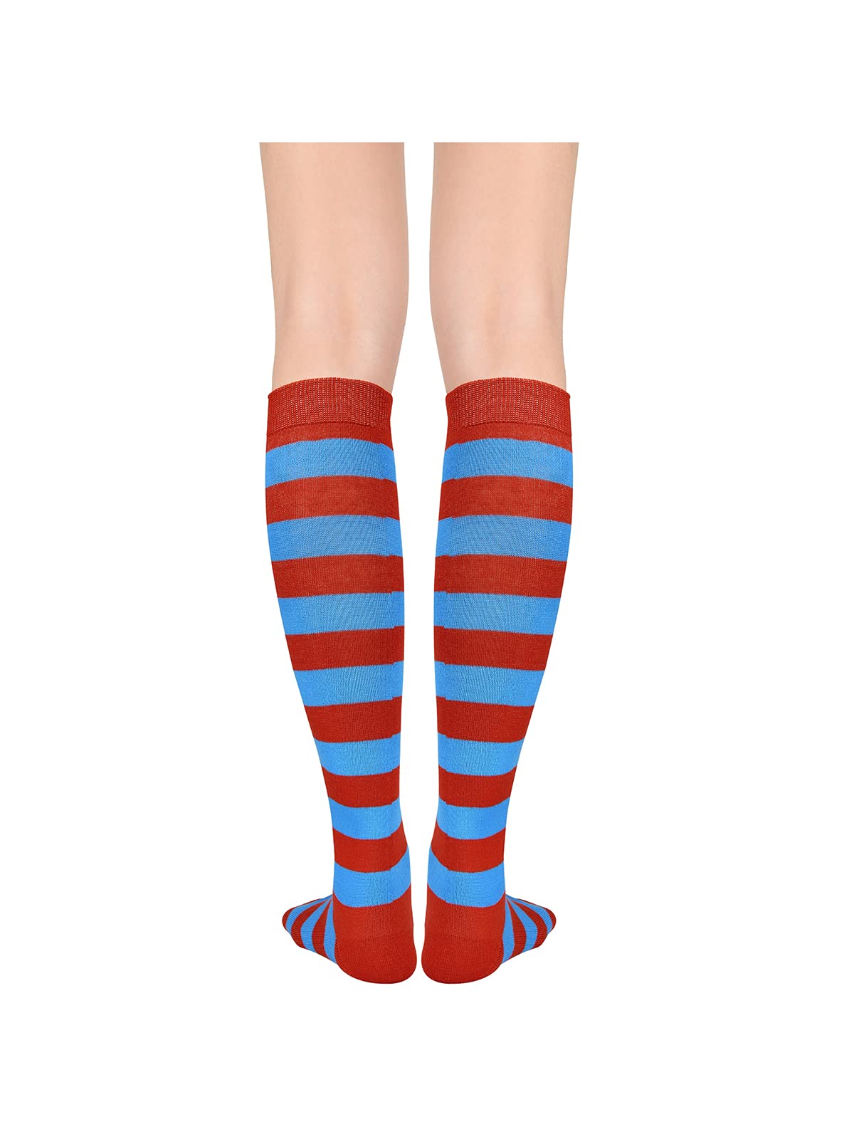 Century Star Women's Knee High Socks Athletic Thin Stripes Tube Socks High Stockings Outdoor Sport Socks 1 Pack Blue Red Stripes One Size