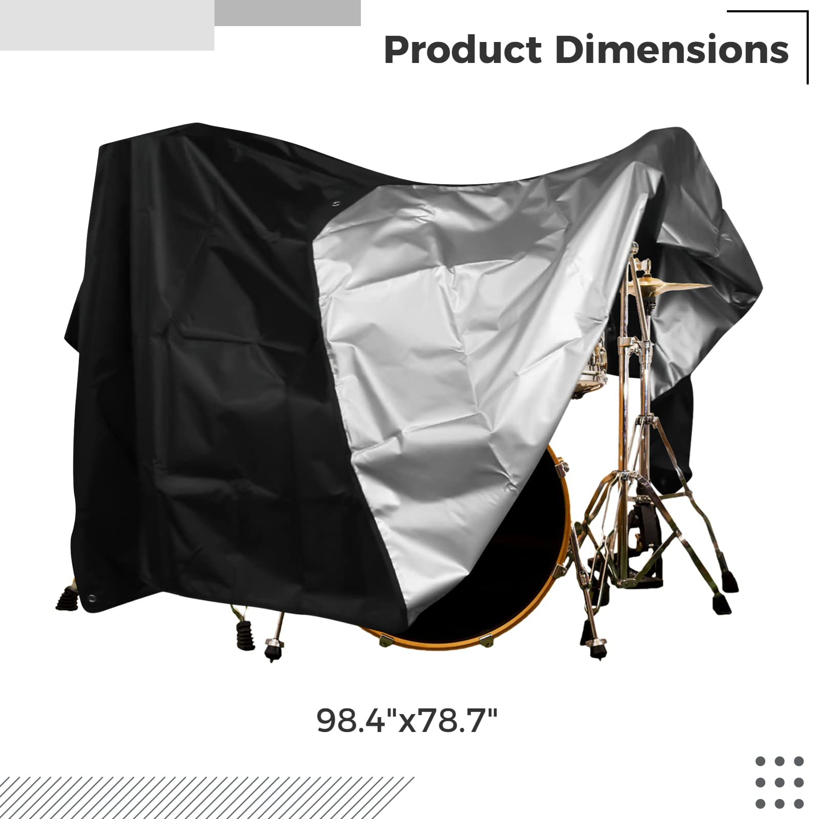 Drum Set Cover, Black Waterproof 420D Oxford Cloth Cover for Drum Set, Drum Set Dust Cover with Silver Coating Weighted Corners, Protective Cover from UV-Rays with Zipper Storage Bag