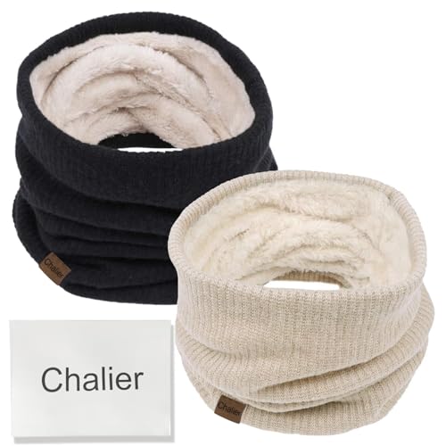 Chalier Infinity Scarf Winter Double-Layer Neck Warmer Knit Fleece Lined Circle Loop Scarves Gifts(black+khaki)