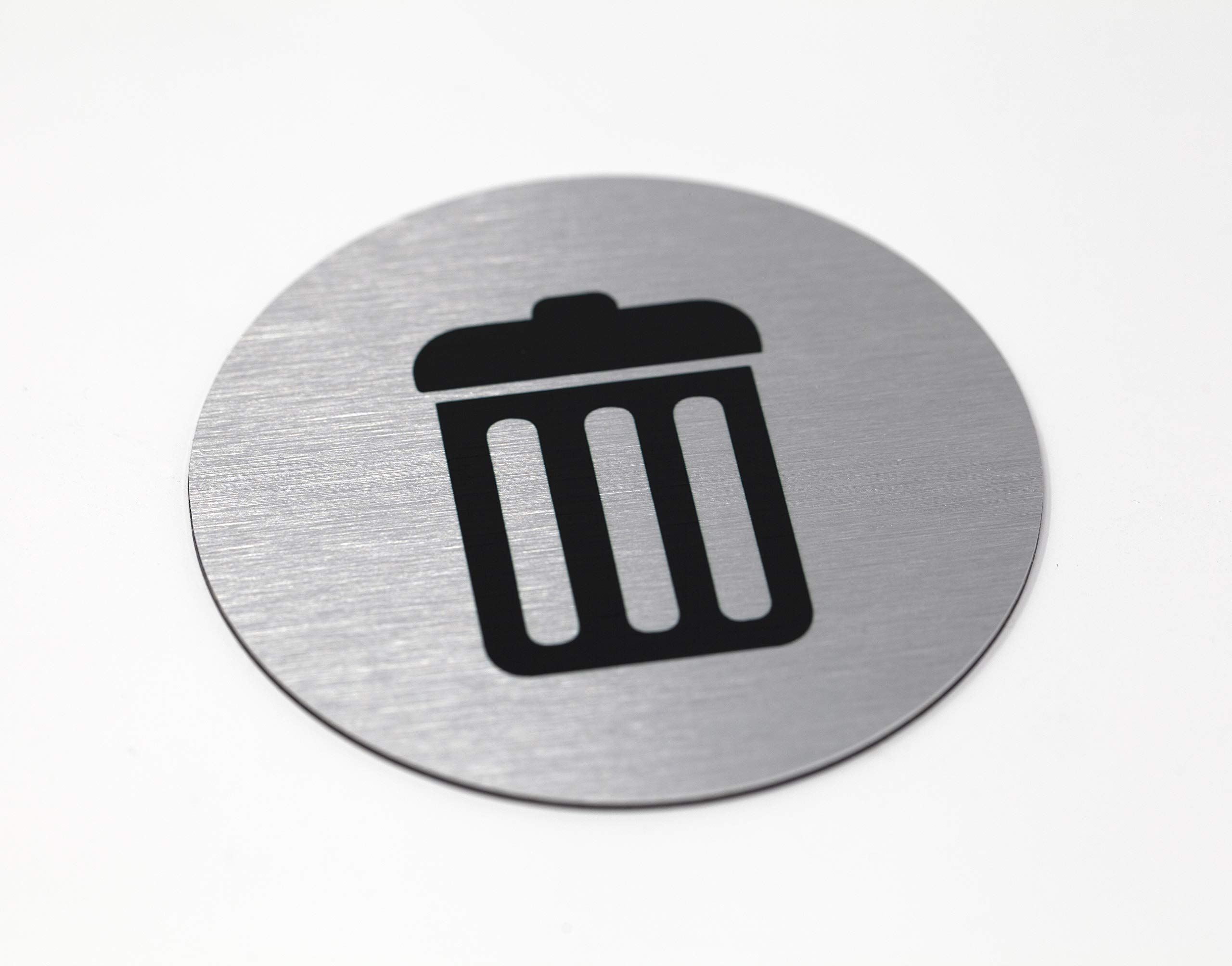 Metal Trash Signs | 3" Garbage Bin Marker | Metal Sign for Waste Basket | Brushed Silver Aluminum Sign with Black Trash Symbol | Ready to Hang | Made in USA