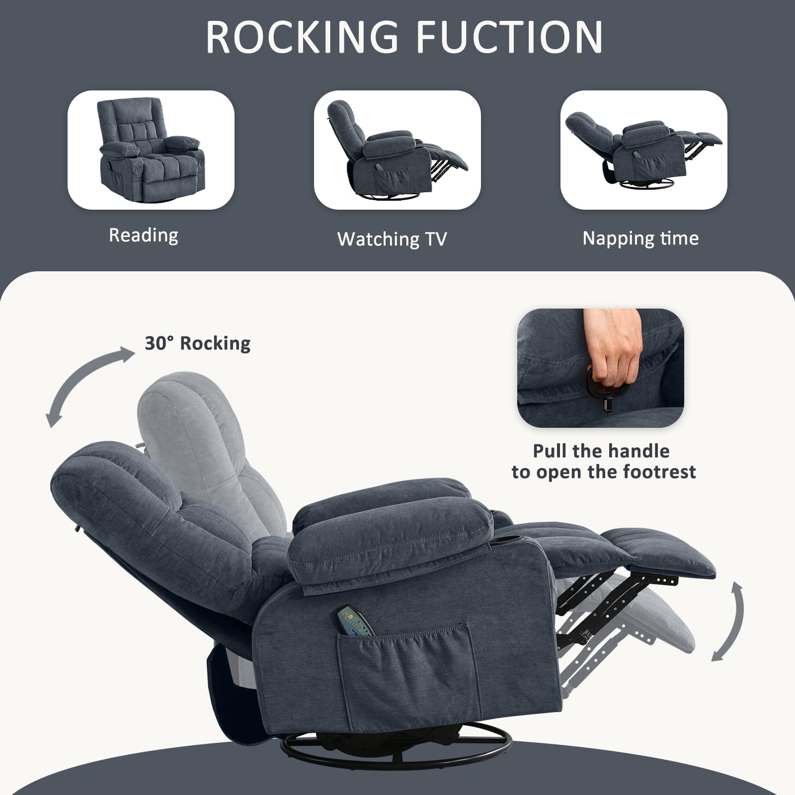 BOSMILLER Massage Swivel Rocker Recliner Chair with Vibration and Heat Ergonomic Lounge for Living Room Rocking Function Side Pocket, 2 Cup Holders, USB Charge Port, Blue
