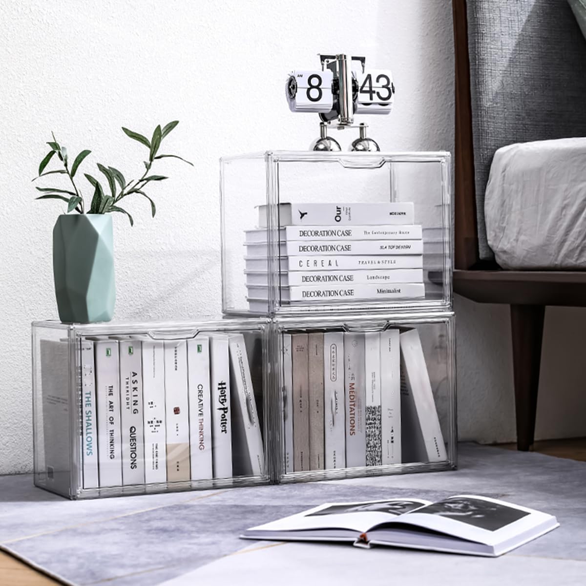 Fox Claw Clear Acrylic Bookcase, Book Organizer Box, Portable Book Containers with Magnetic Door, Stackable Display Case for Purses Handbags Dolls Toys Shoes(Clear, 14.17" ×10.63"×8.66")