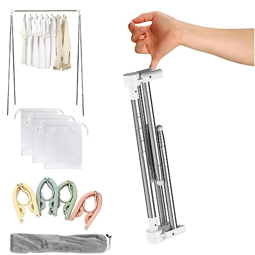 Gicklov Portable Garment Rack, Travel Folding Clothes Rack for Camping, Dancing, Outdoor, Indoor,Dorm,Hotel,Drying,A Portable Clothing Rack (New Upgrade) + 4 Folding Hangers+3 Storage Bags (White)