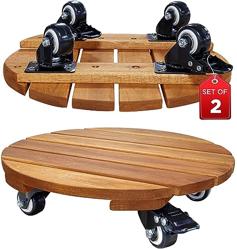 Idzo 2pack Wood Plant Caddy With Wheels Heavy Duty, 264 Lbs Capacity, 12 Inch Acacia Hardwood Plant Dolly, Plant Stand with 360° Lockable Wheels for Plant Pots, Heavy Objects Hauling - Natural Wood