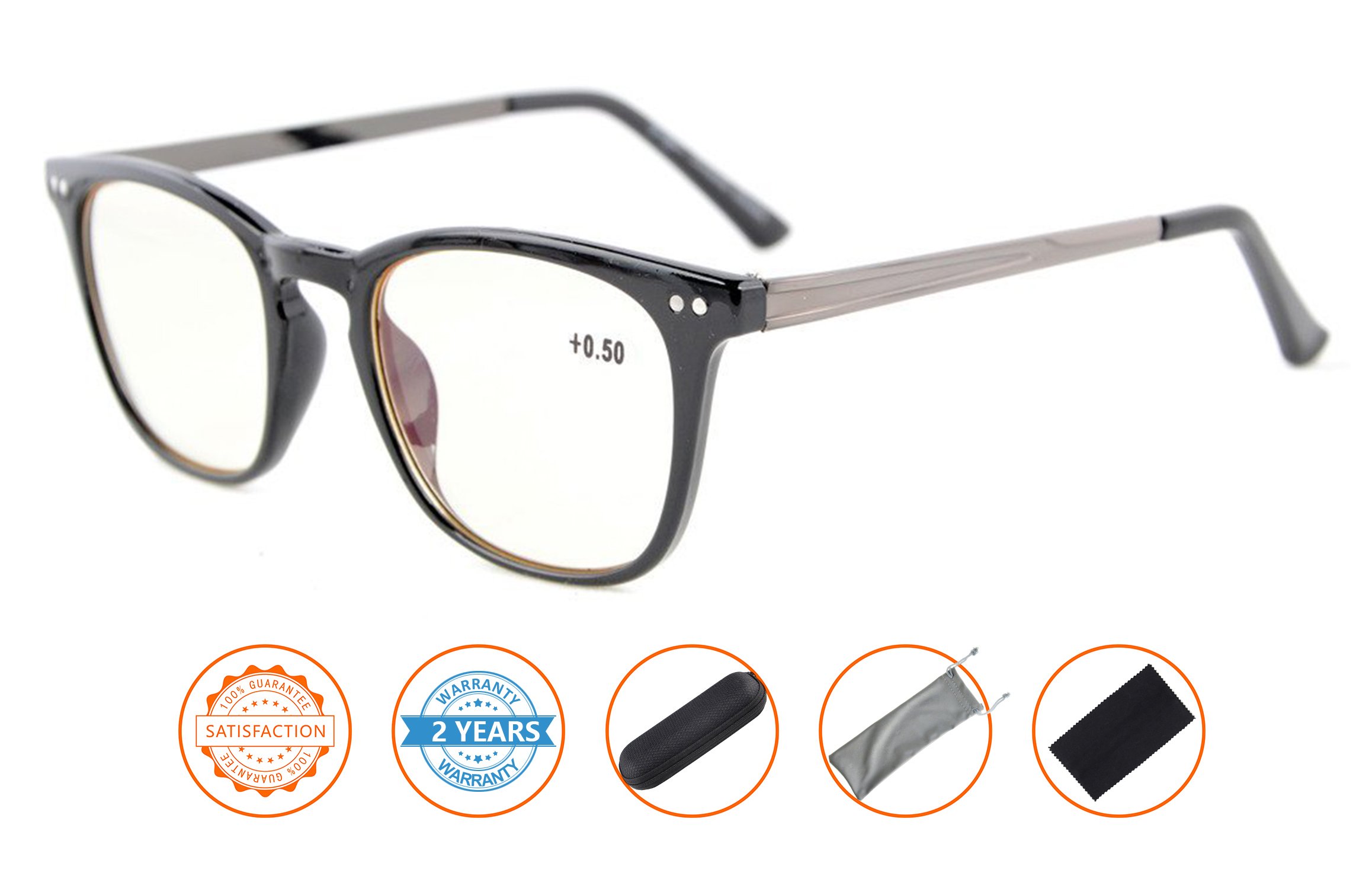 CessBlu Ladies Retro Computer Glasses Square Blue Light Filter Reading Eyeglasses Women(Black) +2.5