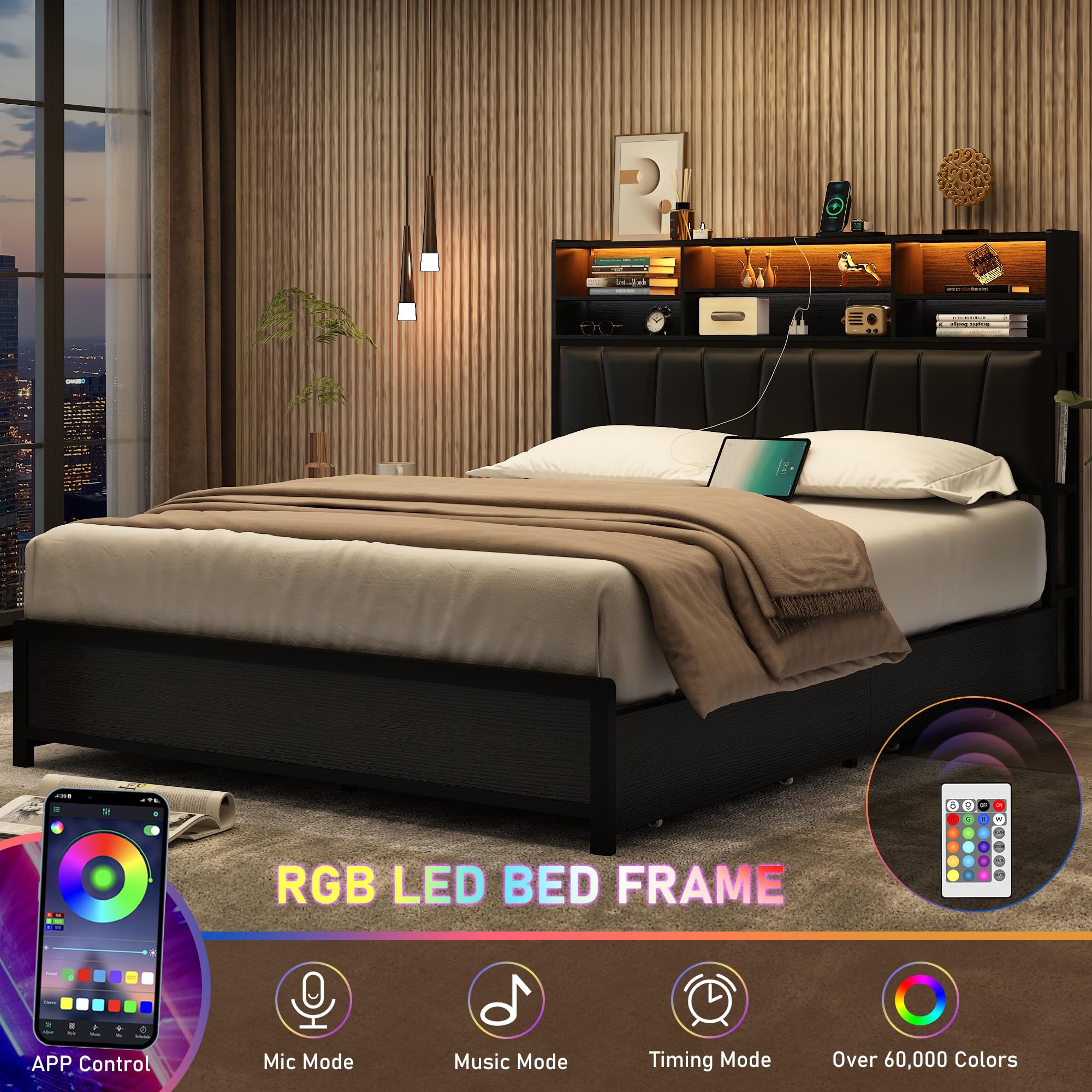 Hlivelood Full LED Bed Frame with Storage Headboard & 4 Drawers, Metal Platform Bed Frame with Charging Station, Bookcase Storage, No Box Spring Needed, Easy Assembly, Black