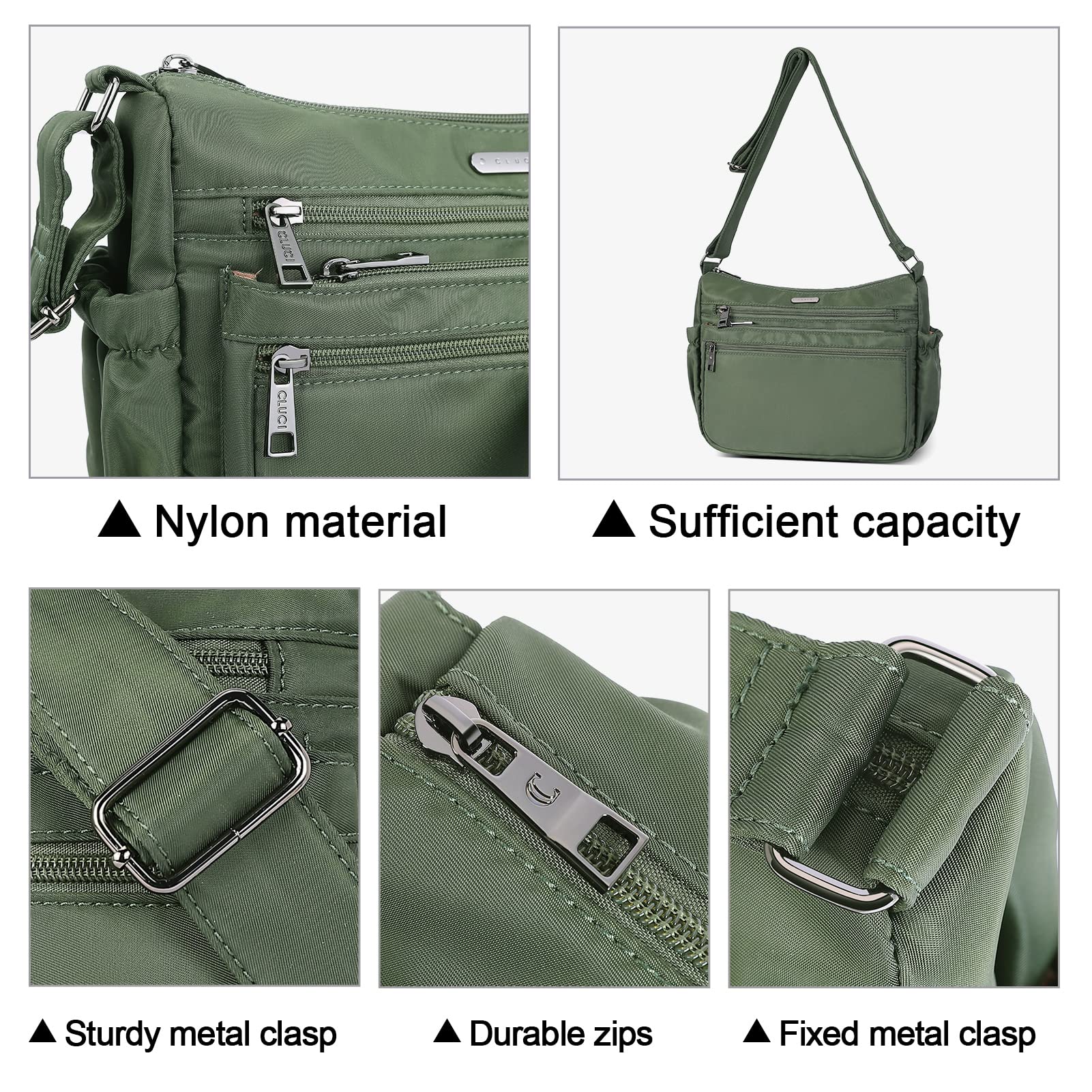 CLUCI Nylon Crossbody Purses for Women Waterproof Shoulder Multiple Pockets Bag Travel Handbag Green