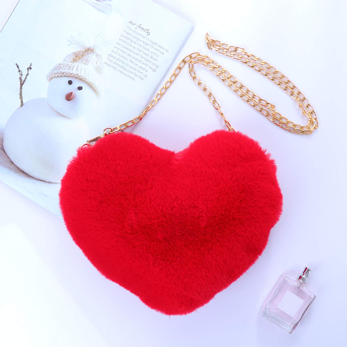 TENDYCOCO Heart Shaped Clutch Purse Faux Fur Shoulder Bag Crossbody Bag Fluffy Handbag