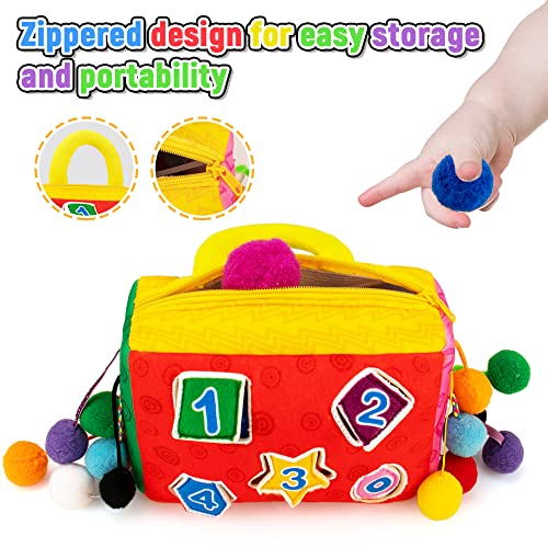 Educational 1 Year Old Activity Pull String Baby Preschool Sensory Toys for Learning Fine Motor Skills Shape Sorter Montessori Toys for Babies 6-12 Months-8 Ropes&2-Sided Bag&20 Cotton Water Balls