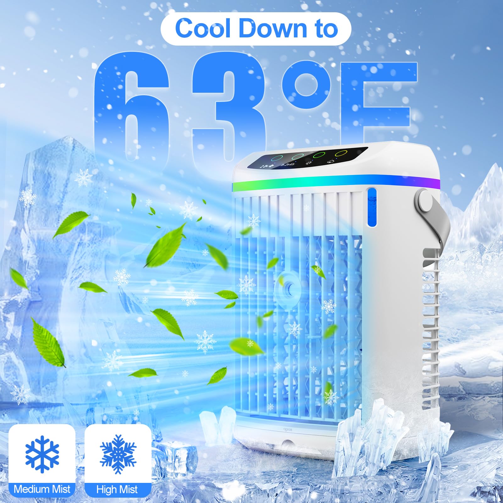 Evaporative Air Cooler, PERKDS Portable Air Conditioner with Quiet, 3 wind speeds & 2 Cool Mist with Colorful Night Light, Mini air conditioner for Bedroom Room Car Office