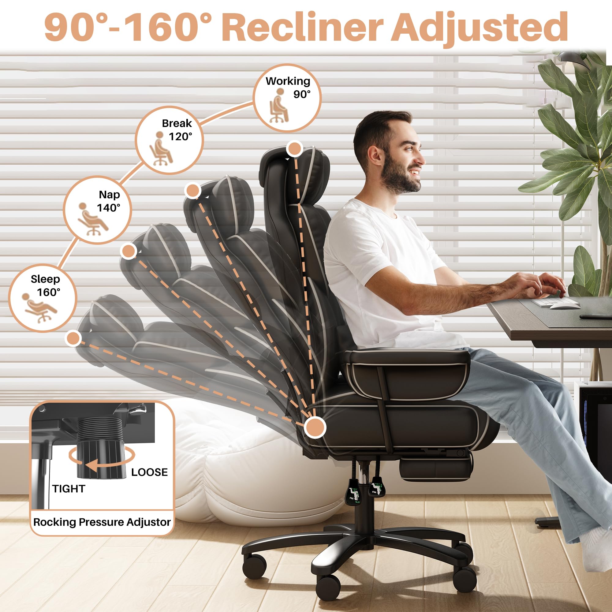 HomeZeer Big and Tall Office Chair 400lbs Wide Seat, Comfortable Reclining Office Chair with Footrest, High Back Leather Executive Office Desk Chair with Lumbar Support for Home Office