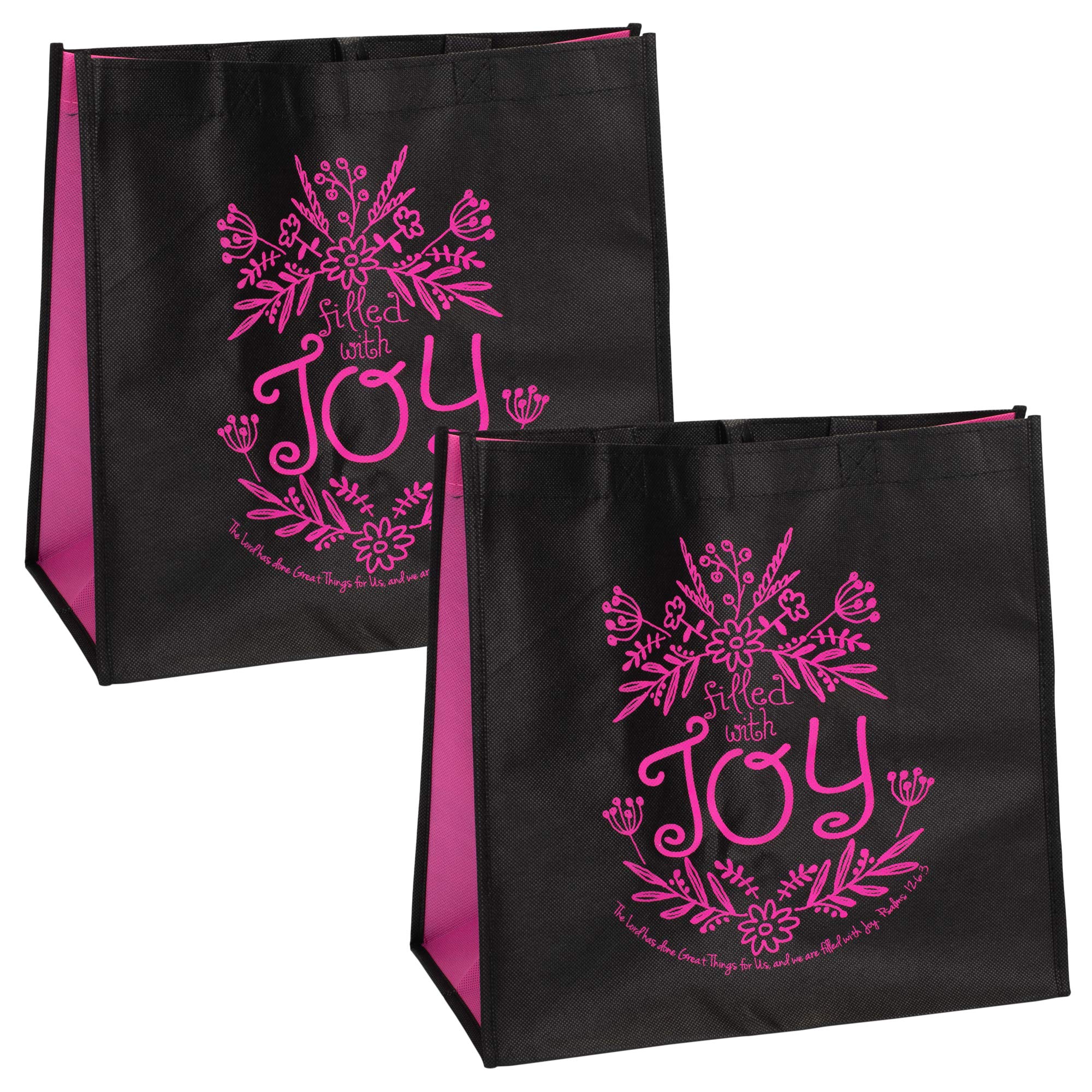 Divinity Boutique Filled With Joy 12 x 12 Inch Reusable Eco-Friendly Tote Bag, Black/Hot Pink, Pack of 2