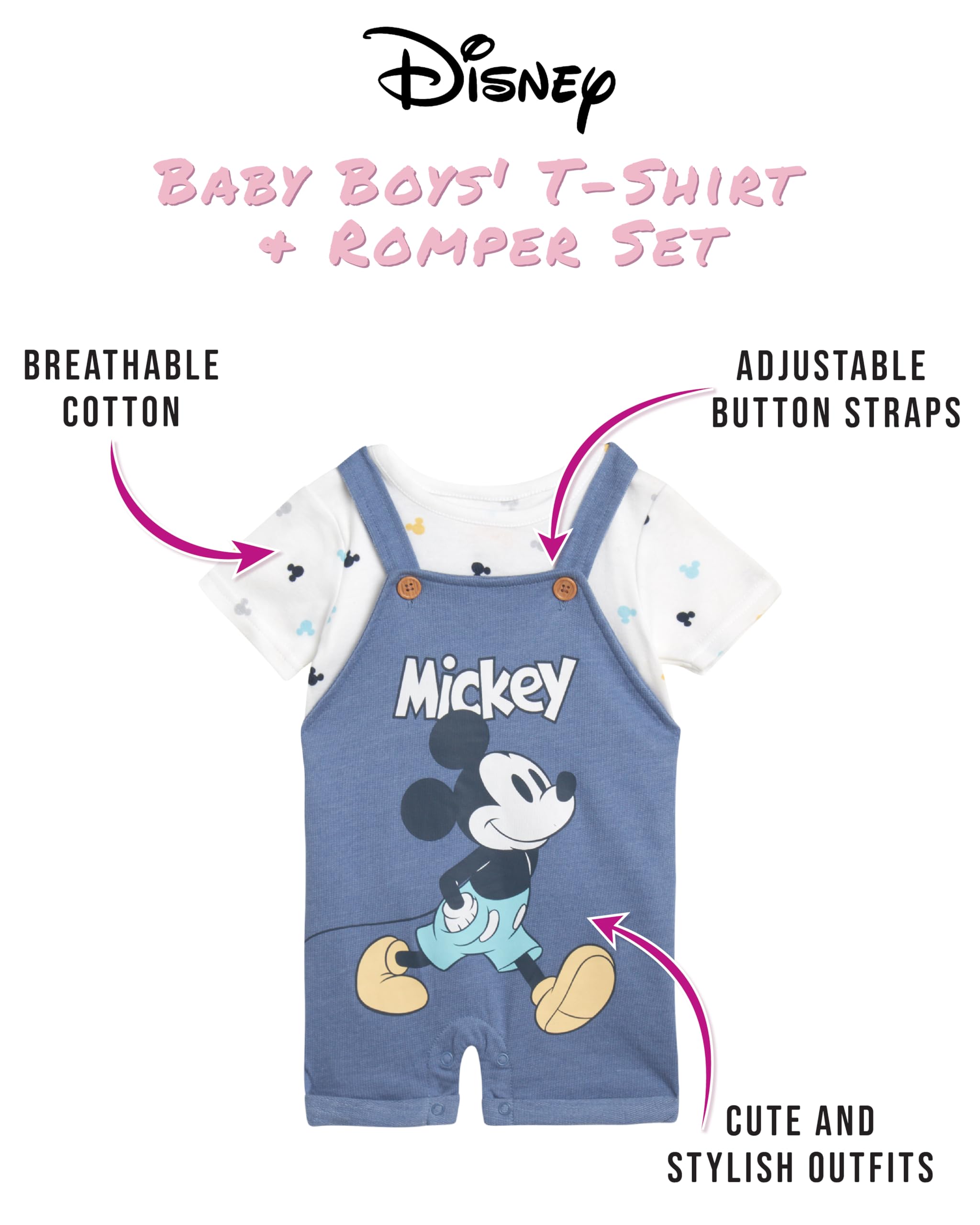 Disney Baby Boys' Overall Short Set, 2-Piece Mickey Mouse & Winnie The Pooh Shortall Romper T-Shirt Short Set (0-3M β 24M), Size 3T, Mickey Faces Multi