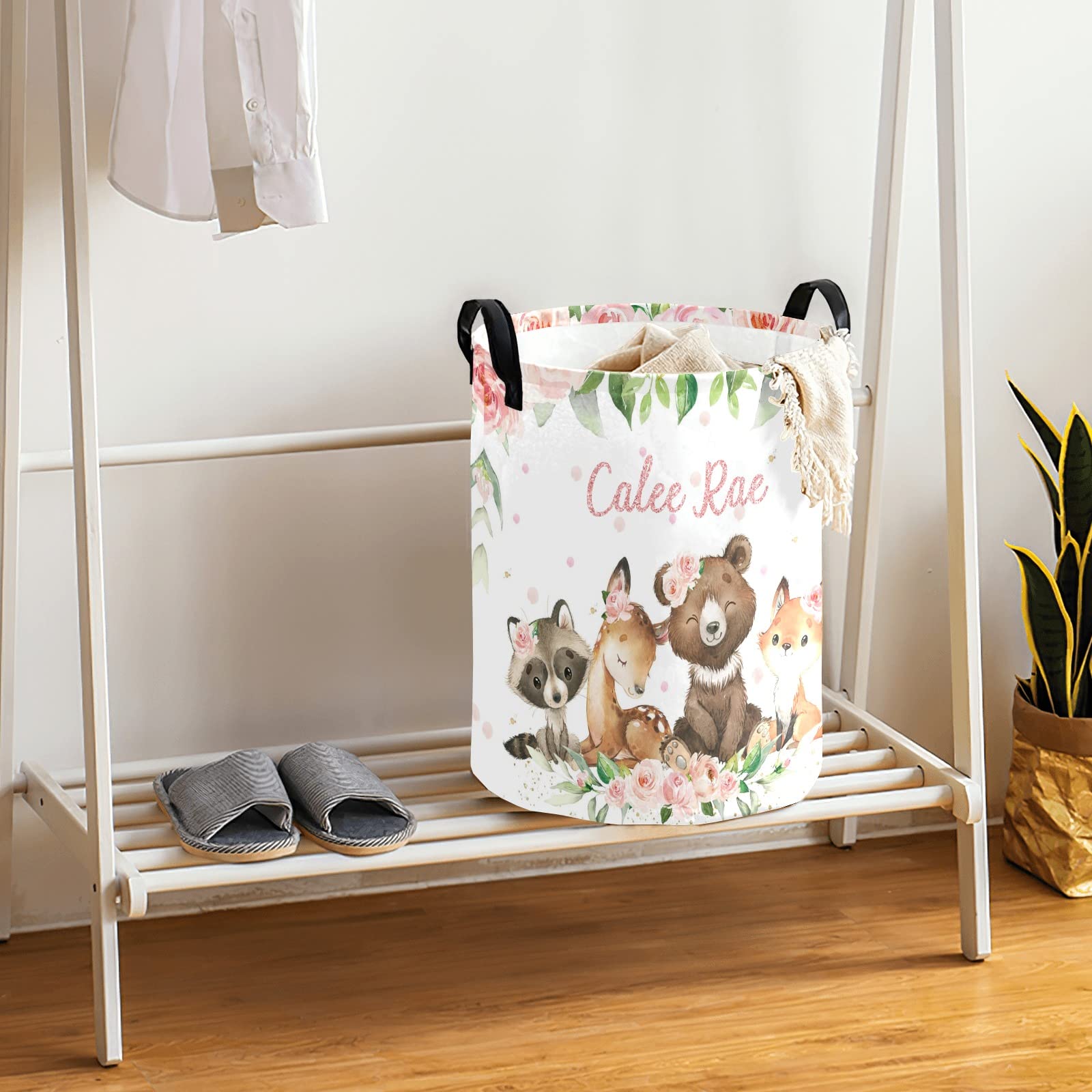 Cute Woodland Animals Blush Pink Floral Personalized Laundry Basket ,Custom Foldable Storage Bins Laundry Hamper for Nursery Pet Toys Clothes