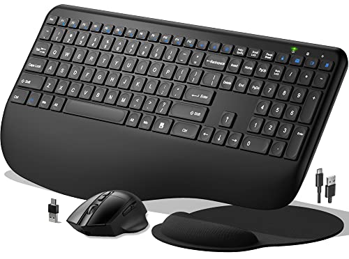 Ergonomic Wireless Keyboard and Mouse, 2.4G Rechargeable Full Size Keyboard Mouse Set with Wrist Support Mouse Pad , Multi-Device, Windows/Mac/Android(Black)