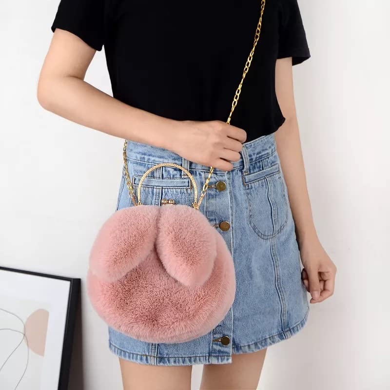 Cute Rabbit Ear Plush Bags for Women, Bunny Ear Chain Crossbody Bags (Pink)