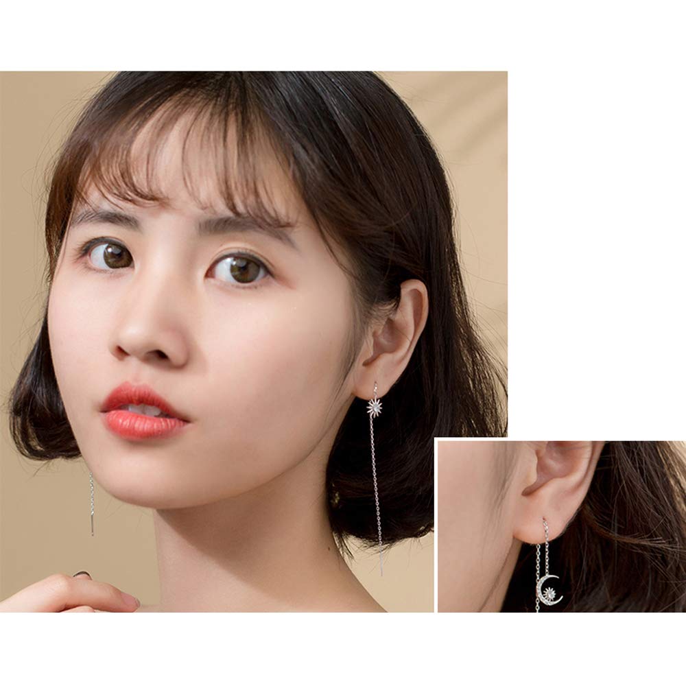 Crystal Crescent Moon Star Tassel Threader Chain Earrings S925 Sterling Silver Asymmetrical Dainty CZ Crystal Dangling Sun Long Chains Earring Jewelry for Women Girls (White Gold)