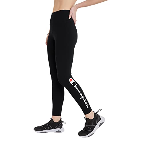 Champion, Authentic, Moisture Wicking, 7/8 Leggings for Women, 25" (Plus, Black Script, Medium