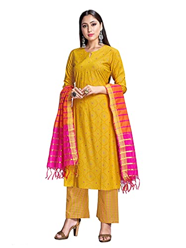 Indian Kurti With Pant & Dupatta For Womens |Rayon Printed Kurta Kurtis For Women Tunic Set Yellow