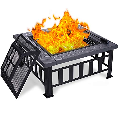 EZCHEER 34" Outdoor Fire Pit 3 in 1 Metal Square Firepit Wood Burning Bonfire Stove for Backyard Patio Garden with Grill, Spark Screen, Log Poker, Cover