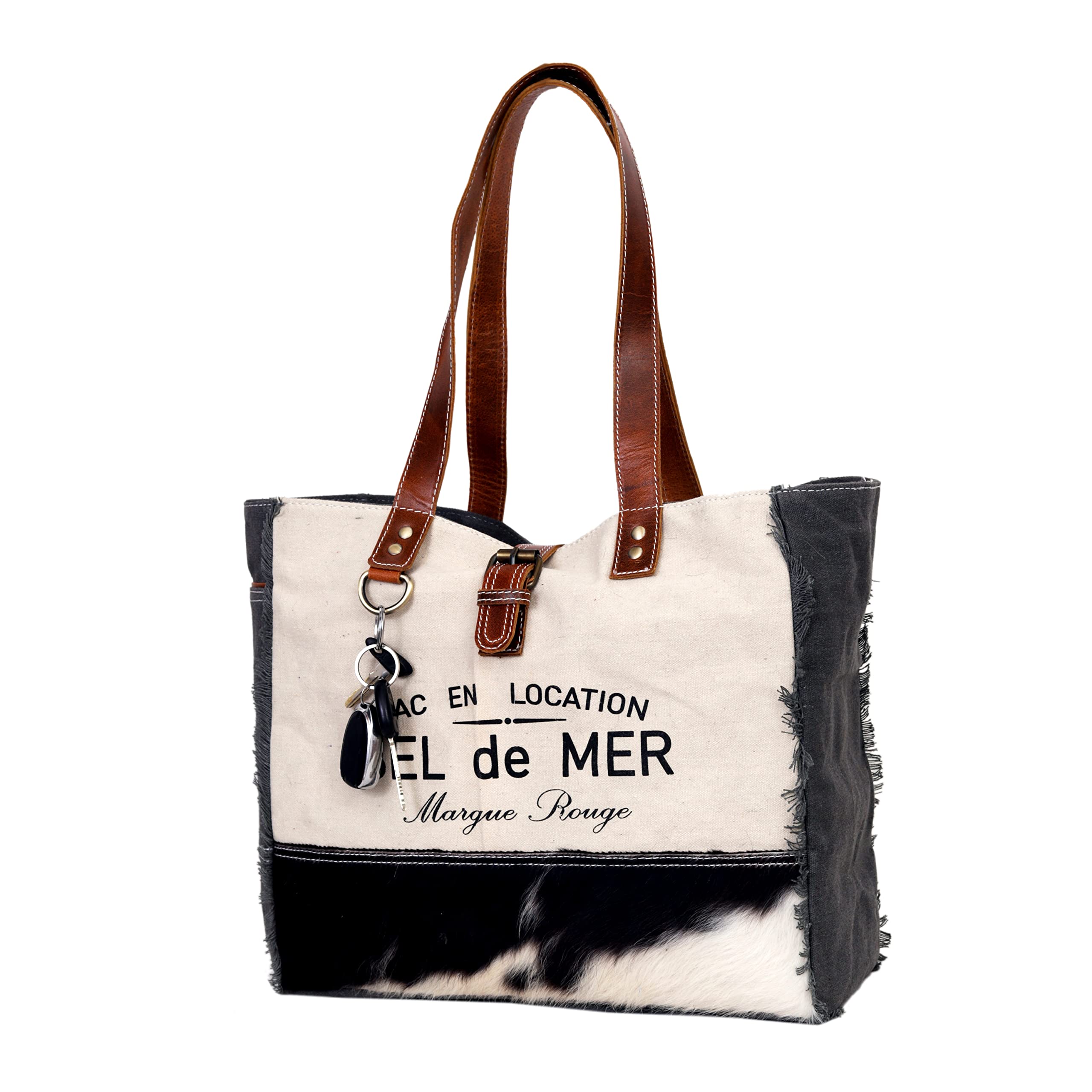 CLA Upcycle Canvas Bag, Handmade Canvas Bag With Leather, Canvas Tote Bag, Canvas Shoulder Bag, Canvas Handbag for Women (Tan Leather - Hair On)