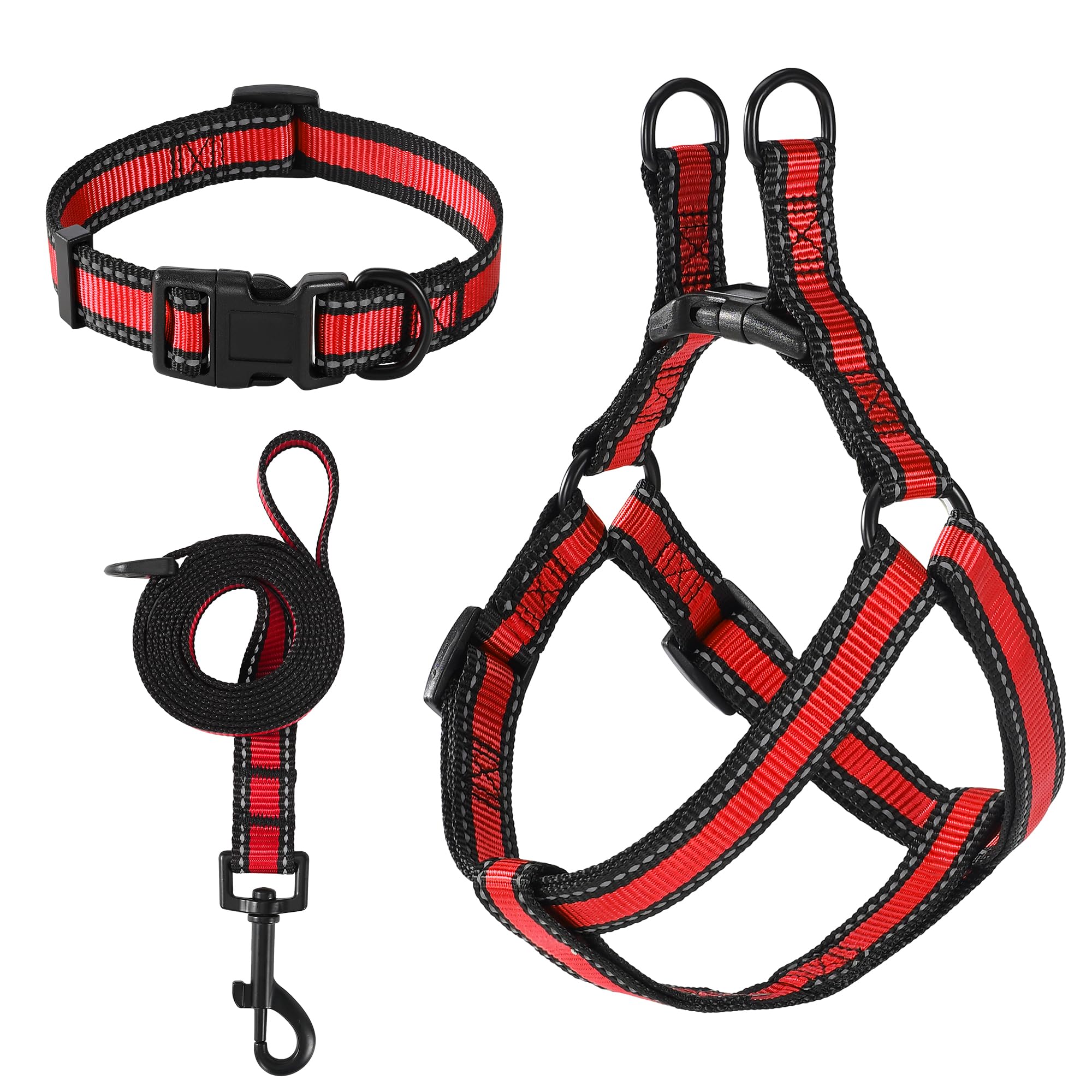 Mile High Life Night Reflective Double Adjustable Band Nylon Small Puppy Pet Dog Combo Collar Leash and Harness Set (Reflective Edge Red, Small (Pack of 3))