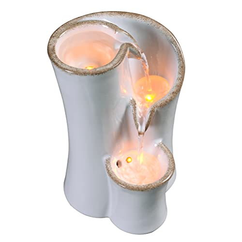 Indoor Water Fountain Imitation Ceramics Appearance Tabletop Fountain Relaxation Desktop Waterfall Fountain w/ 3 Reflective led, 9.8 Inch Tall Fountain (Grey)