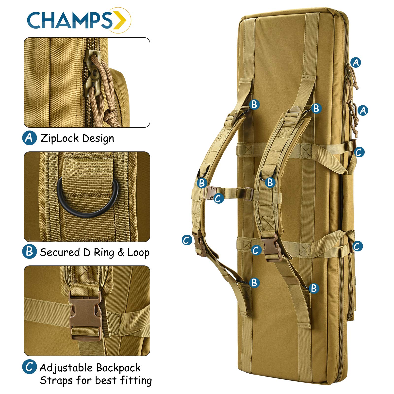 CHAMPS Rifle Case Bag, Double Rifle, Gun Case, Water Resistant & Dust Resistant for Hunting, Range, Sports, Transport [36inch, Khaki]
