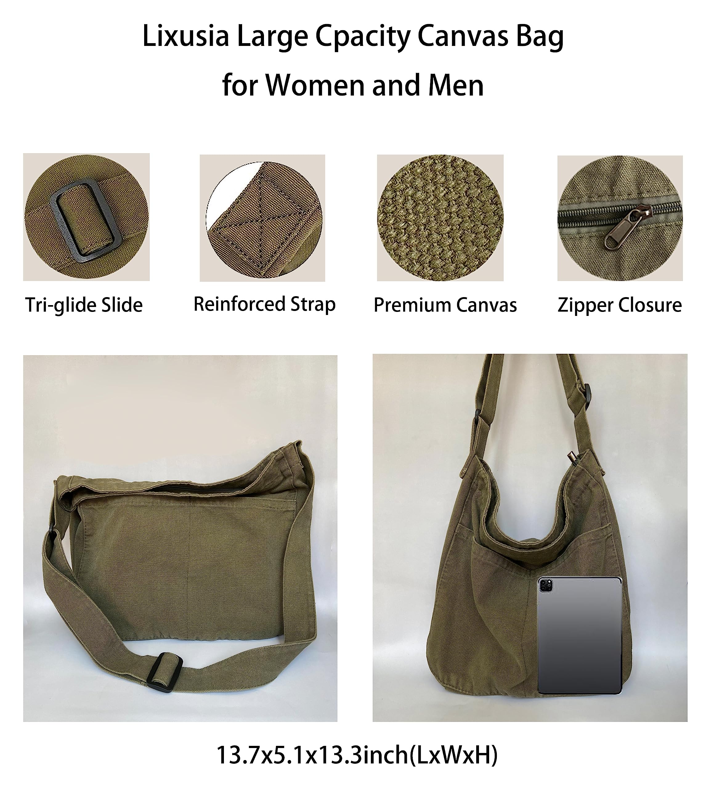 Canvas Crossbody Hobo Shoulder Tote Bag for Men Women