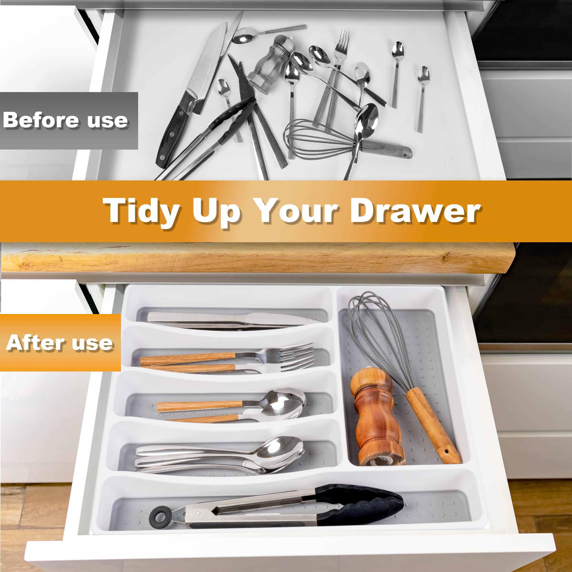 Conflech Kitchen Drawer Organizer Silverware Organizer 6 Slots Silverware Holder Utensil Organizer Cutlery Tray Plastic Flatware Organizers