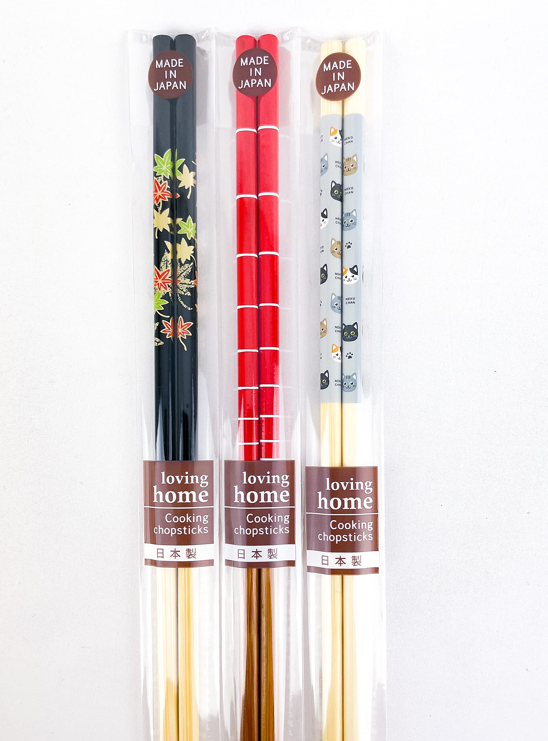 Set of 3 Assorted Cooking Chopsticks, Made in Japan, Natural Bamboo Saibashi, 13inches, Cute Shiba Inu Pattern, Traditional Japanese pattern, Simple Modern Pattern, Colorful Pattern