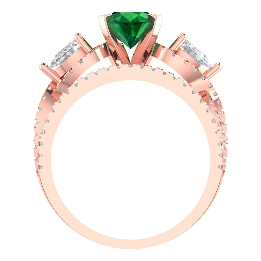 Clara Pucci 2ct Round Cut Solitaire 3 stone Simulated Emerald Engagement Promise Anniversary Bridal Ring Band set 14k Rose Gold 8.25