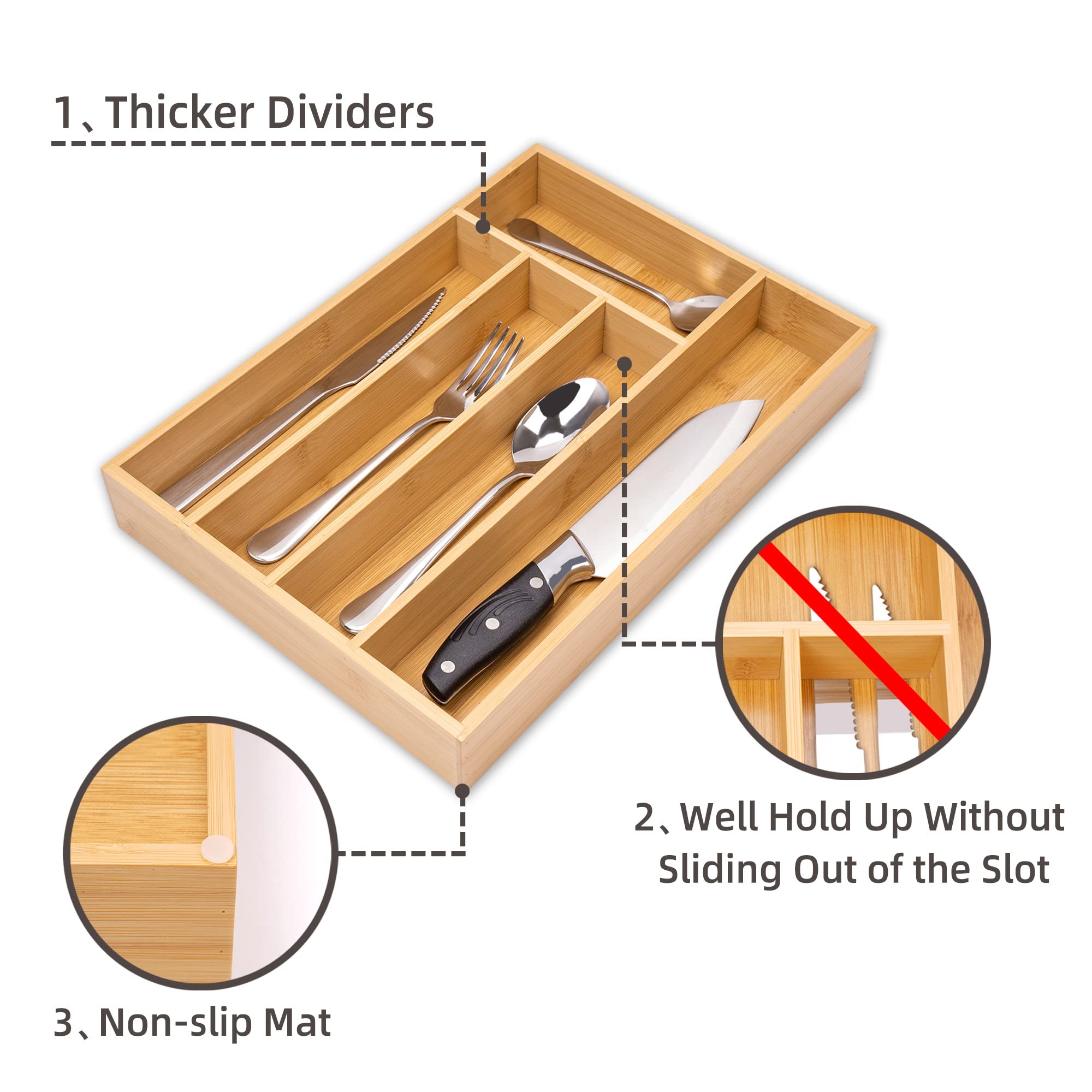 Conflech Silverware Organizer Bamboo Kitchen Drawer Organizer Utensil Organizer Silverware Holder Cutlery Organizer in Drawer Flatware Organizer Tray