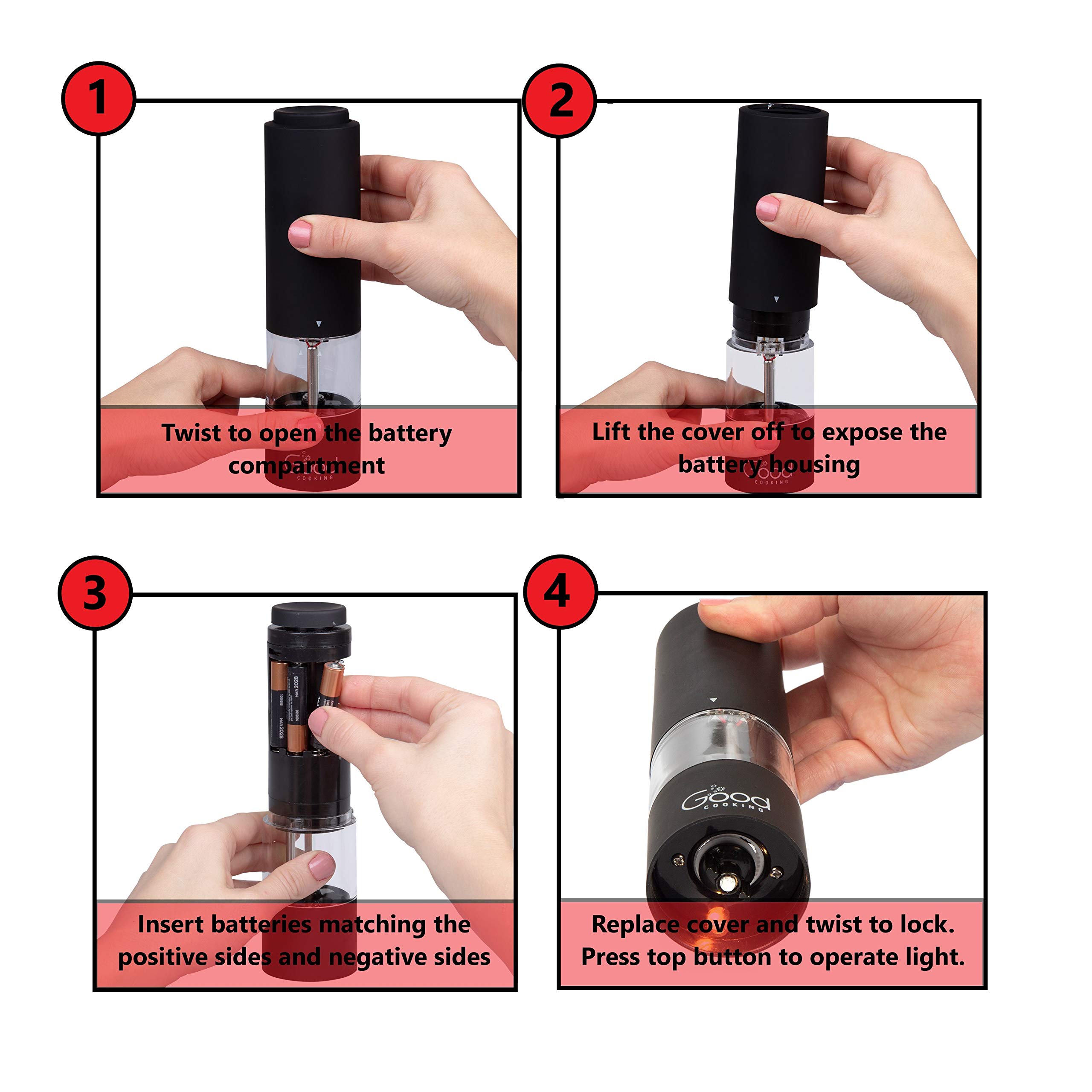 Electric Pepper Grinder and Salt Mill (2 Pack)- Battery Operated One-Handed Spice Dispenser w LED Light & Adjustable Coarseness- Matte Black, Batteries Included