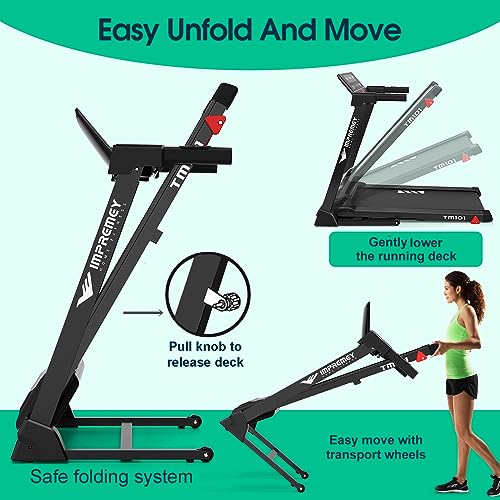 Impremey Folding Treadmill with Incline, Electric Treadmill with 42β x 16β Large Running Belt, Heart Rate Monitor, Easy Assembly, 64 Preset Programs, 7.5 Mph Speed, 2.5HP, Compact Design for Home