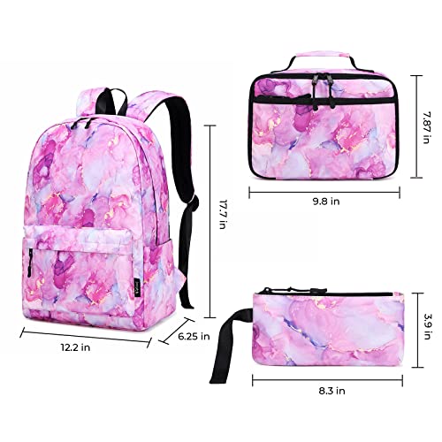 Imyth 3Pcs colorful Backpack sets for Teen Girls, Cute Bookbag School Daypacks for Elementary Middle Students (Marble powder)