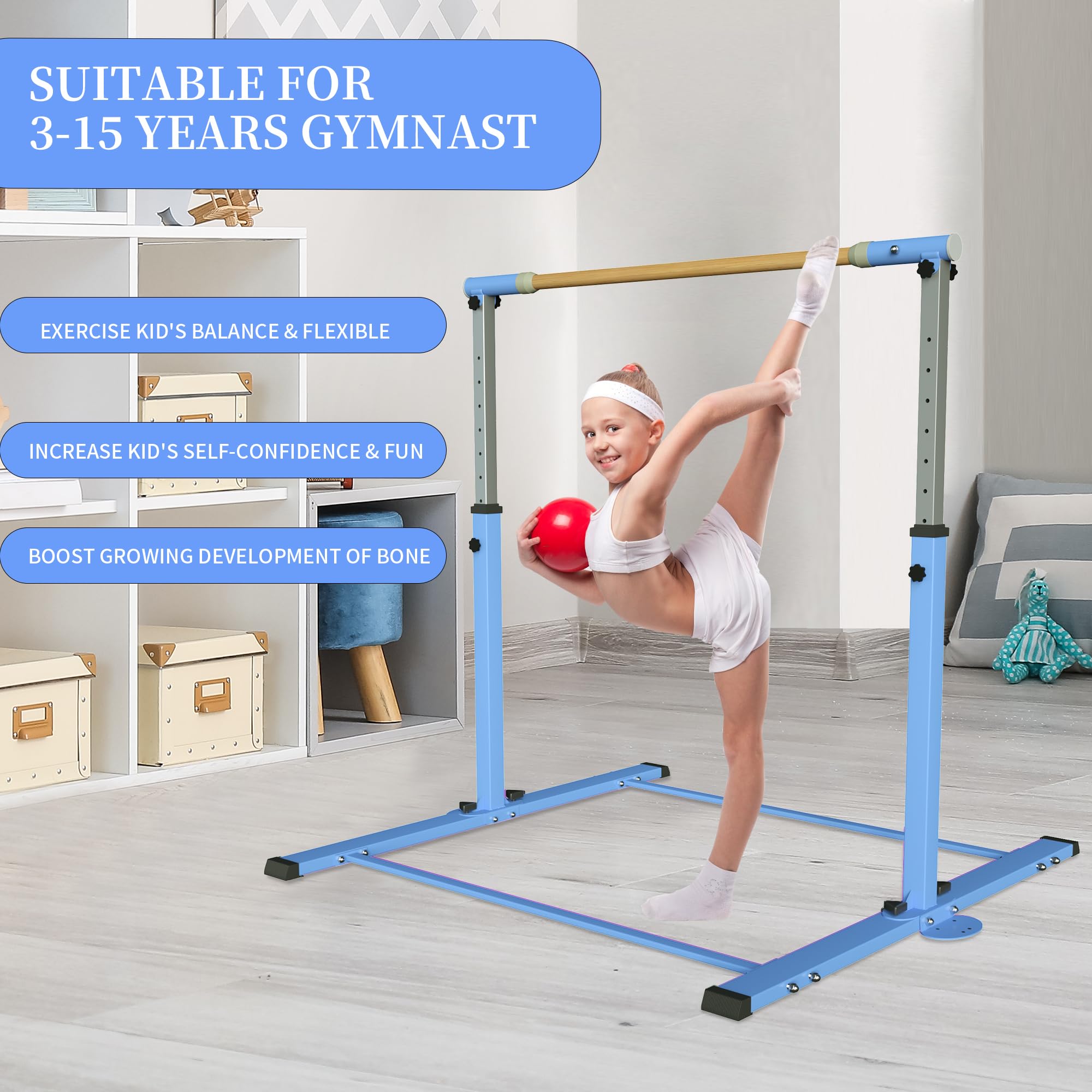 EL&IT·Wings Gymnastic Kip Bar,Horizontal Bar for Kids Girls Junior,3' to 5' Adjustable Height,Home Gym Equipment,Ideal for Indoor and Home Training,300lbs Weight Capacity