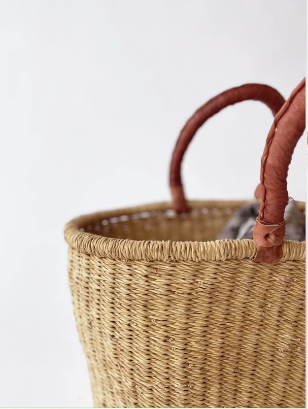 Ghana African Handmade Woven Oval Picnic Shopping Baskets (Natural with Brown Handles)