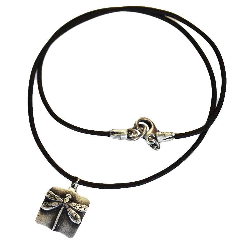 Elaine Coyne Collectible Artwear Antique Silver Brass Classic Dragonfly Pendant on Black Rawhide