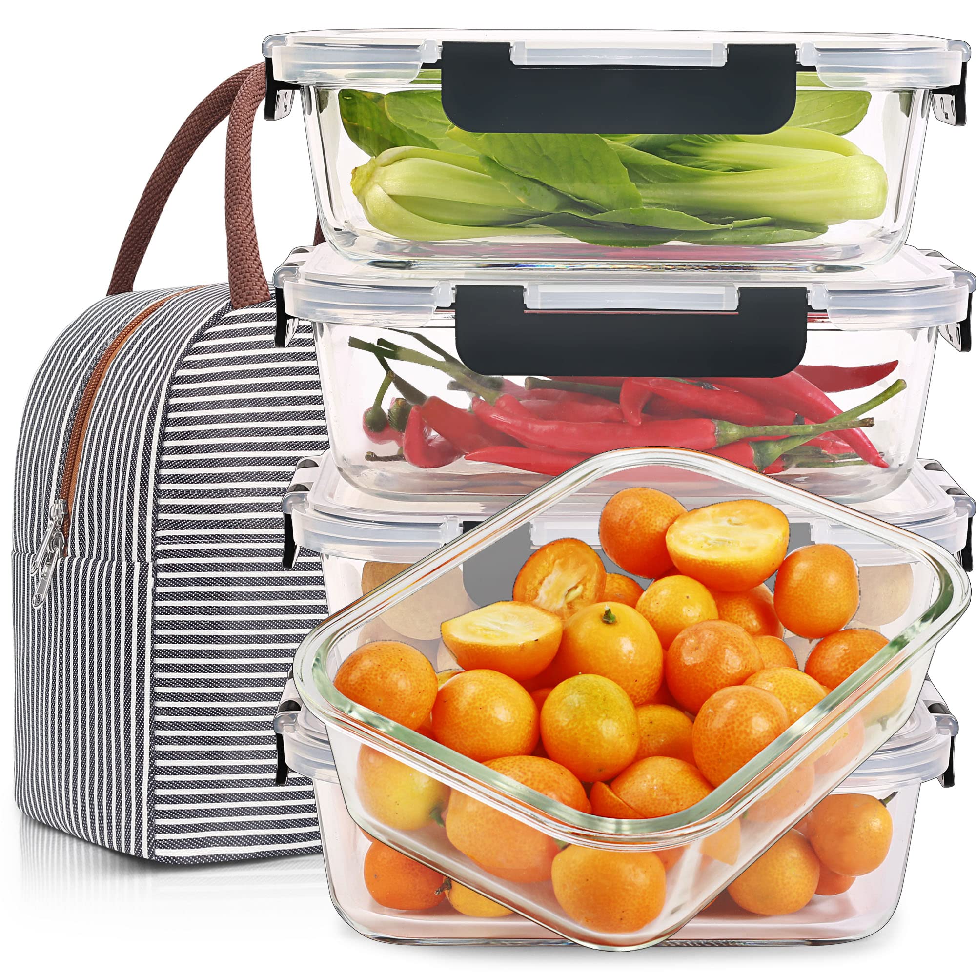 DAS TRUST 5 Pack 36oz Glass Food Storage Containers Reusable Meal Prep Containers Fridge Organizers Lunch Containers for Adults with Lid Airtight