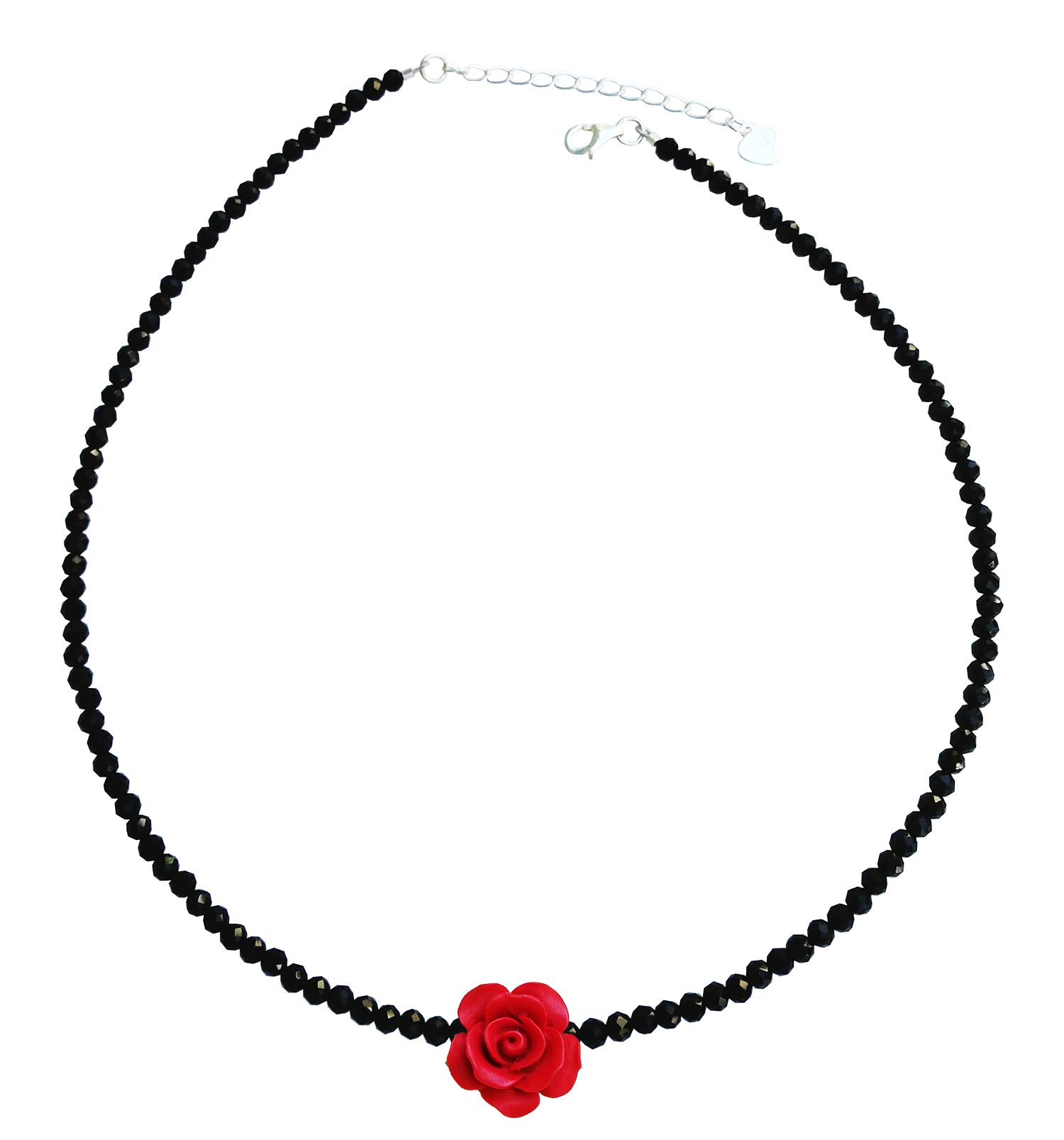 CF100 Black Choker With Red Rose, 925 Sterling Silver Black Spinel Beads Flower Red Rose Choker 13+2â (Red Rose