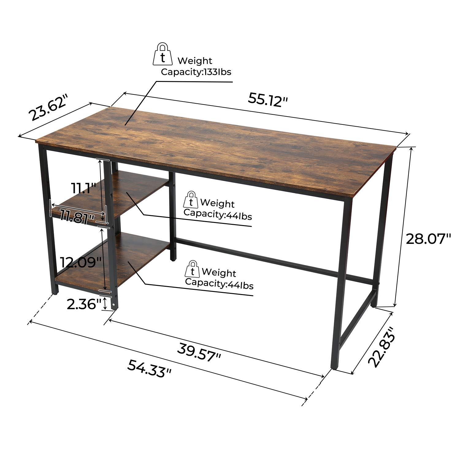 CHADIOR Industrial Desk, 55 Inch Work Surface, Wooden Writting Workstation, Simple Gaming Computer Table with Shelves, for Small Space, Home Office, Bedroom, Rustic Brown