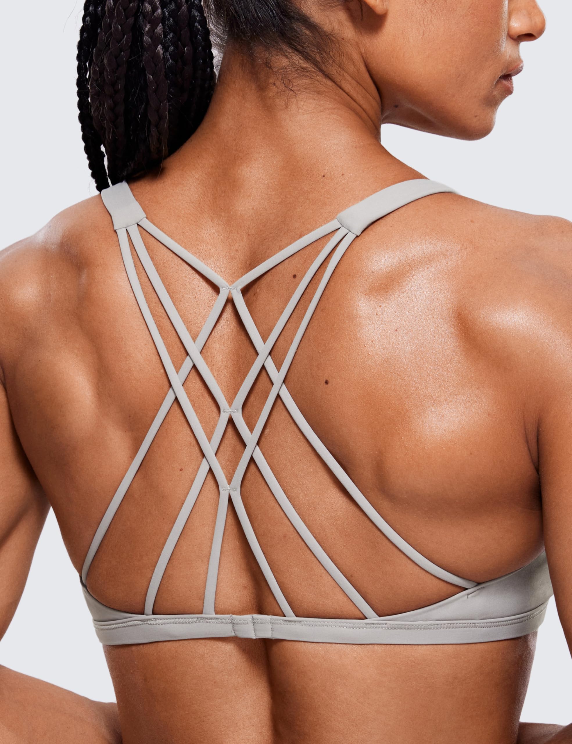 CRZ YOGA Women's Strappy Sports Bra - Criss Cross Back Padded Medium Support Wireless Bra Sexy Workout Yoga Bra Dark Chrome Small